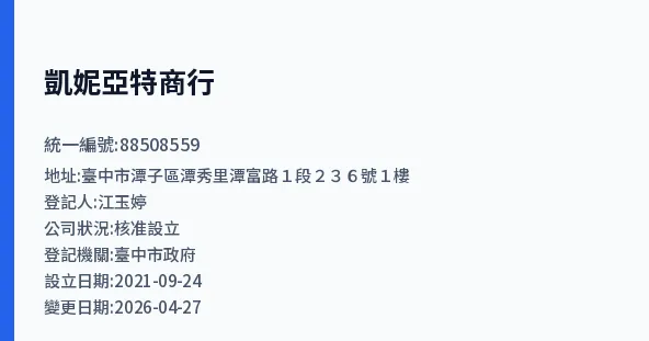 凱妮亞特商行的照片-統編 88508559(臺中市) 公司登記資料與營業項目詳細圖表