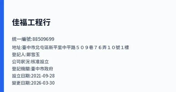 佳福工程行的照片-統編 88509699(臺中市) 公司登記資料與營業項目詳細圖表