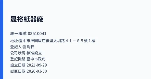 晟裕紙器廠的照片-統編 88510041(臺中市) 公司登記資料與營業項目詳細圖表