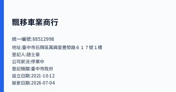飄移車業商行的照片-統編 88512998(臺中市) 公司登記資料與營業項目詳細圖表