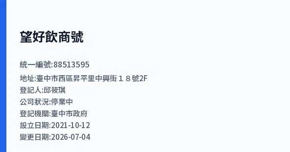 望好飲商號的照片-統編 88513595(臺中市) 公司登記資料與營業項目詳細圖表