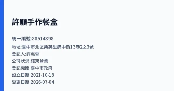 許願手作餐盒的照片-統編 88514898(臺中市) 公司登記資料與營業項目詳細圖表