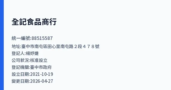 全記食品商行的照片-統編 88515587(臺中市) 公司登記資料與營業項目詳細圖表