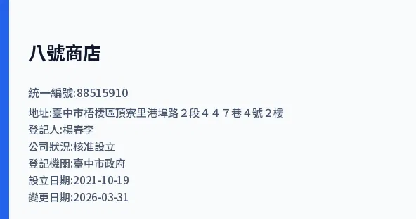 八號商店的照片-統編 88515910(臺中市) 公司登記資料與營業項目詳細圖表
