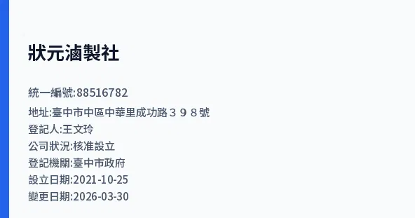 狀元滷製社的照片-統編 88516782(臺中市) 公司登記資料與營業項目詳細圖表