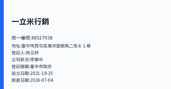 一立米行銷的照片-統編 88517038(臺中市) 公司登記資料與營業項目詳細圖表