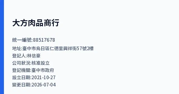 大方肉品商行的照片-統編 88517678(臺中市) 公司登記資料與營業項目詳細圖表