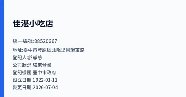 佳湛小吃店的照片-統編 88520667(臺中市) 公司登記資料與營業項目詳細圖表