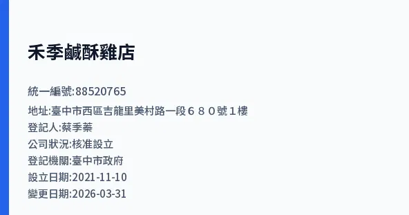 禾季鹹酥雞店的照片-統編 88520765(臺中市) 公司登記資料與營業項目詳細圖表