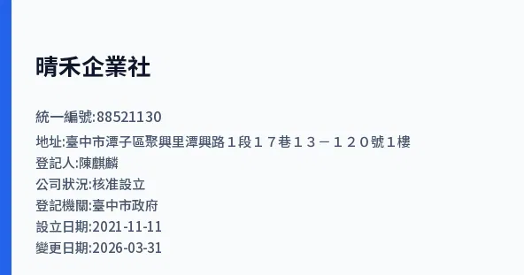 晴禾企業社的照片-統編 88521130(臺中市) 公司登記資料與營業項目詳細圖表