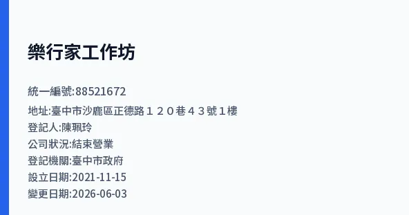 樂行家工作坊的照片-統編 88521672(臺中市) 公司登記資料與營業項目詳細圖表