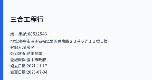 三合工程行的照片-統編 88522546(臺中市) 公司登記資料與營業項目詳細圖表