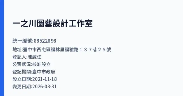 一之川圖藝設計工作室的照片-統編 88522898(臺中市) 公司登記資料與營業項目詳細圖表