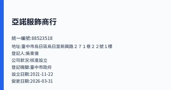 亞諾服飾商行的照片-統編 88523518(臺中市) 公司登記資料與營業項目詳細圖表