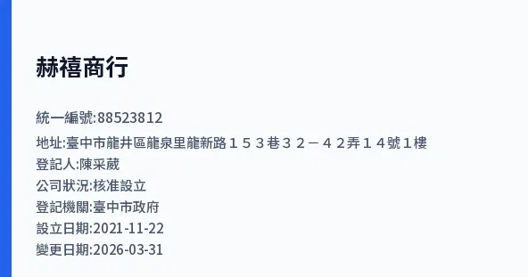 赫禧商行的照片-統編 88523812(臺中市) 公司登記資料與營業項目詳細圖表