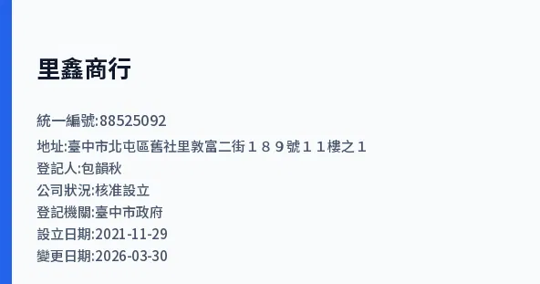 里鑫商行的照片-統編 88525092(臺中市) 公司登記資料與營業項目詳細圖表