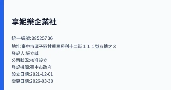 享妮樂企業社的照片-統編 88525706(臺中市) 公司登記資料與營業項目詳細圖表