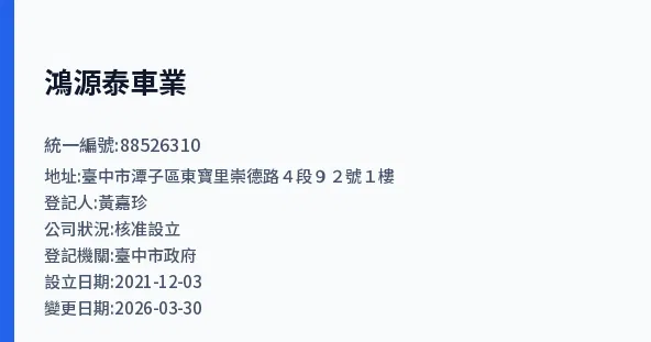 鴻源泰車業的照片-統編 88526310(臺中市) 公司登記資料與營業項目詳細圖表