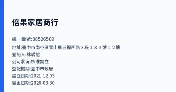 倍果家居商行的照片-統編 88526509(臺中市) 公司登記資料與營業項目詳細圖表