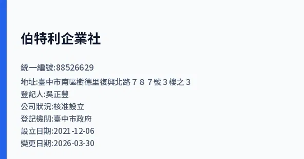 伯特利企業社的照片-統編 88526629(臺中市) 公司登記資料與營業項目詳細圖表