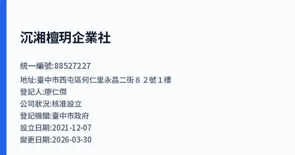 沉湘檀玥企業社的照片-統編 88527227(臺中市) 公司登記資料與營業項目詳細圖表