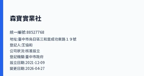 森寶實業社的照片-統編 88527768(臺中市) 公司登記資料與營業項目詳細圖表