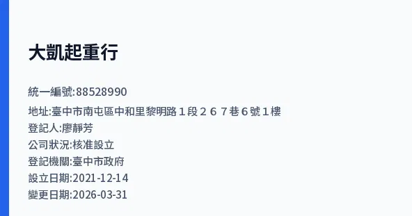 大凱起重行的照片-統編 88528990(臺中市) 公司登記資料與營業項目詳細圖表