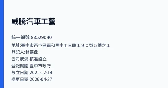威騰汽車工藝的照片-統編 88529040(臺中市) 公司登記資料與營業項目詳細圖表