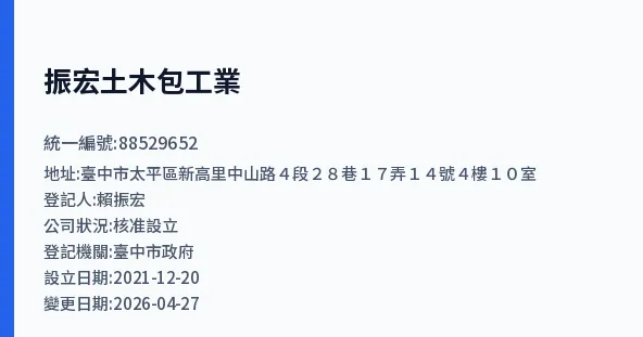 振宏土木包工業的照片-統編 88529652(臺中市) 公司登記資料與營業項目詳細圖表