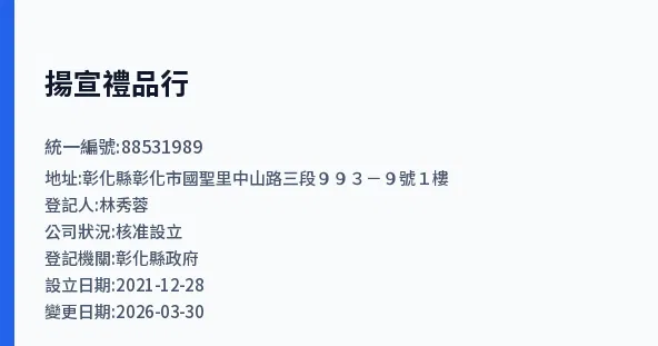 揚宣禮品行的照片-統編 88531989(彰化縣) 公司登記資料與營業項目詳細圖表