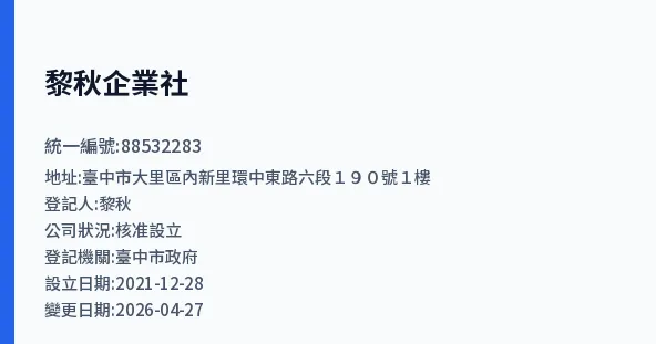 黎秋企業社的照片-統編 88532283(臺中市) 公司登記資料與營業項目詳細圖表