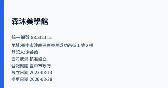 森沐美學館的照片-統編 88532312(臺中市) 公司登記資料與營業項目詳細圖表