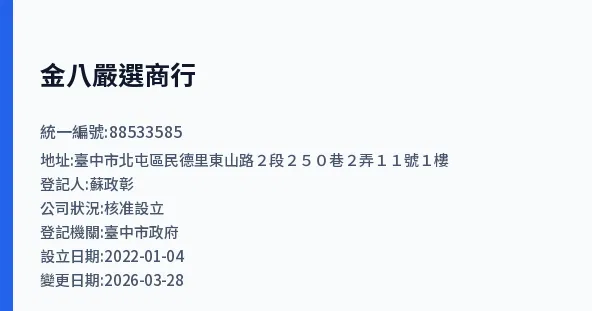 金八嚴選商行的照片-統編 88533585(臺中市) 公司登記資料與營業項目詳細圖表