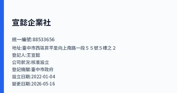 宣懿企業社的照片-統編 88533656(臺中市) 公司登記資料與營業項目詳細圖表