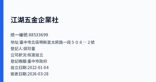江湖五金企業社的照片-統編 88533699(臺中市) 公司登記資料與營業項目詳細圖表