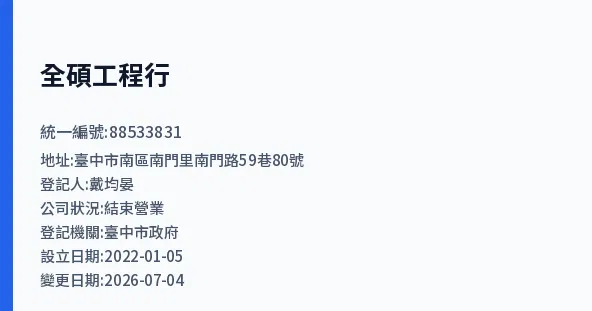 全碩工程行的照片-統編 88533831(臺中市) 公司登記資料與營業項目詳細圖表