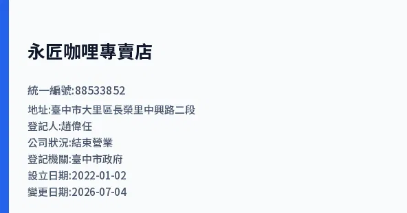 永匠咖哩專賣店的照片-統編 88533852(臺中市) 公司登記資料與營業項目詳細圖表