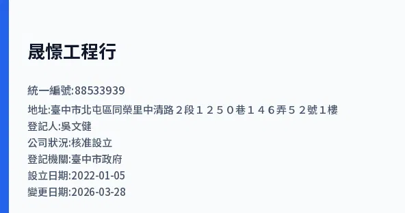 晟憬工程行的照片-統編 88533939(臺中市) 公司登記資料與營業項目詳細圖表