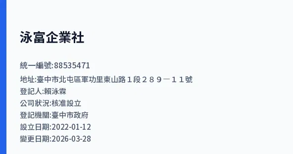 泳富企業社的照片-統編 88535471(臺中市) 公司登記資料與營業項目詳細圖表