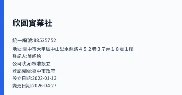 欣圓實業社的照片-統編 88535752(臺中市) 公司登記資料與營業項目詳細圖表