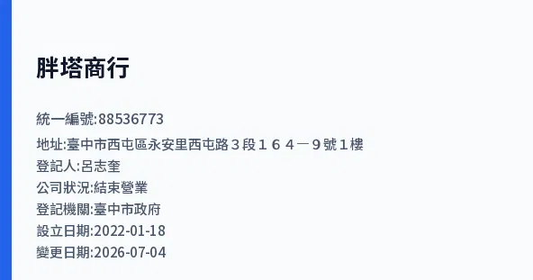 胖塔商行的照片-統編 88536773(臺中市) 公司登記資料與營業項目詳細圖表