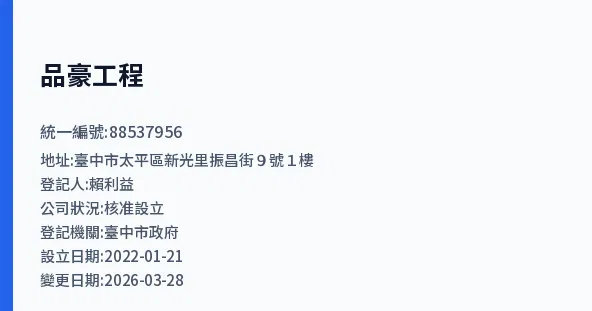 品豪工程的照片-統編 88537956(臺中市) 公司登記資料與營業項目詳細圖表