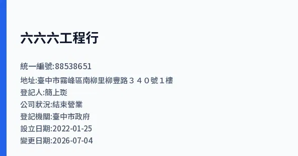 六六六工程行的照片-統編 88538651(臺中市) 公司登記資料與營業項目詳細圖表