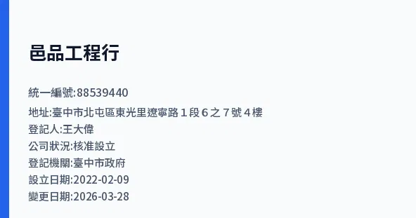 邑品工程行的照片-統編 88539440(臺中市) 公司登記資料與營業項目詳細圖表