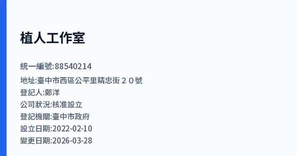 植人工作室的照片-統編 88540214(臺中市) 公司登記資料與營業項目詳細圖表