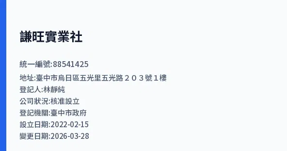 謙旺實業社的照片-統編 88541425(臺中市) 公司登記資料與營業項目詳細圖表