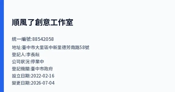 順風了創意工作室的照片-統編 88542058(臺中市) 公司登記資料與營業項目詳細圖表