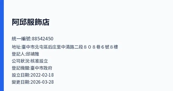 阿邱服飾店的照片-統編 88542450(臺中市) 公司登記資料與營業項目詳細圖表