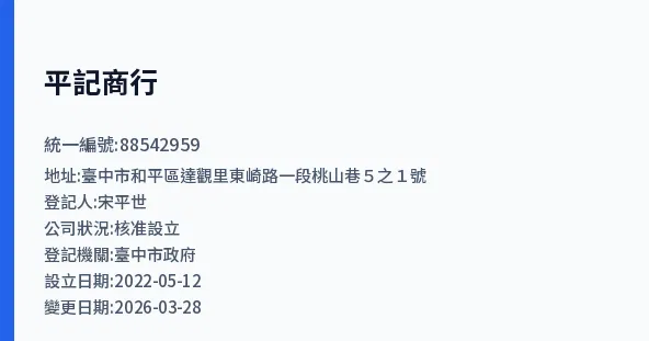 平記商行的照片-統編 88542959(臺中市) 公司登記資料與營業項目詳細圖表