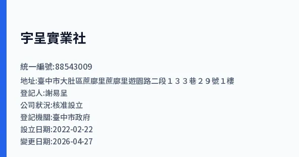 宇呈實業社的照片-統編 88543009(臺中市) 公司登記資料與營業項目詳細圖表